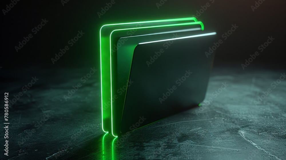 Futuristic neon green folder icon, stark and glowing on a black canvas ...