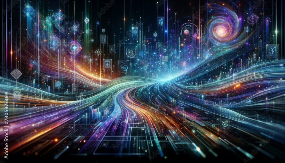 Abstract tech matrix, glittering with dynamic code scripts, serving as ...