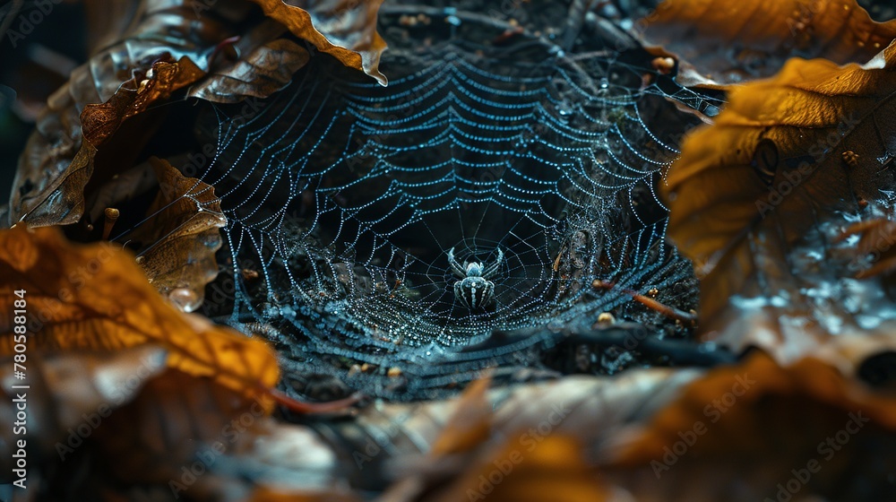 An arthropods spider web made of natural material is intricately woven ...