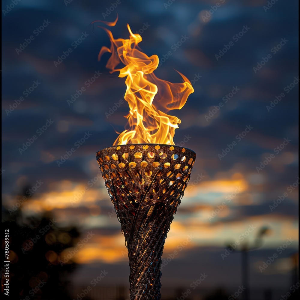 Olympic torch against the twilight sky, focusing on the flame and the ...