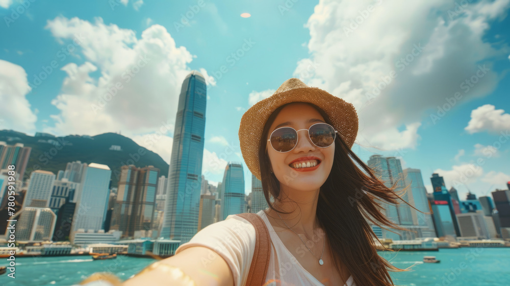 Travel Photography, A joyful solo traveler captures a selfie with a ...