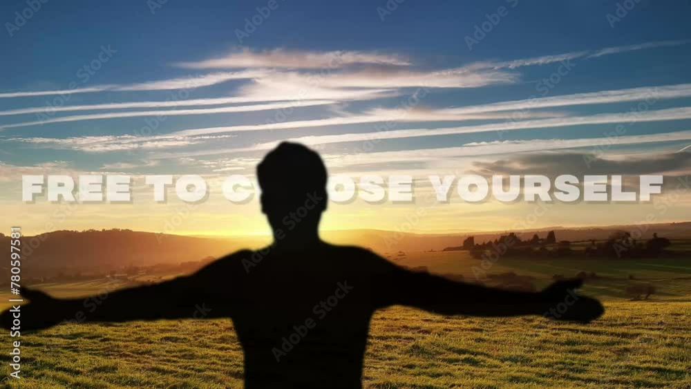 Free to choose yourself every day. A man stands in nature and stretches ...