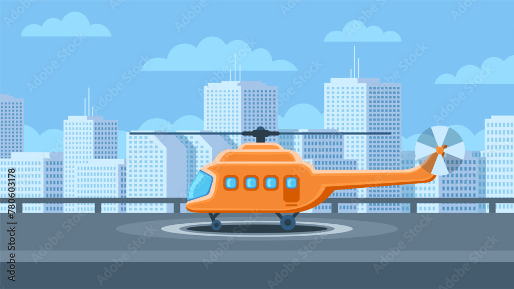 Flat cartoon orange helicopter stands on the helipad on rooftop on city ...