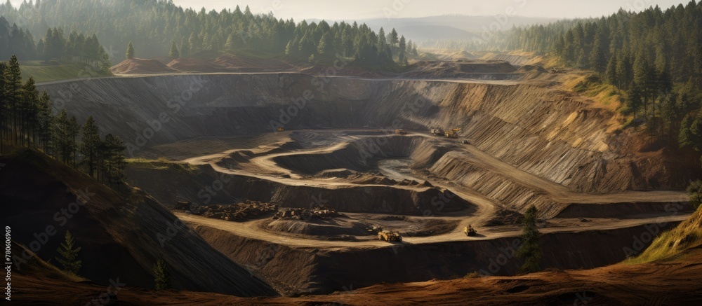 An open-pit mine surrounded by trees and soil on a hillside. Stock ...