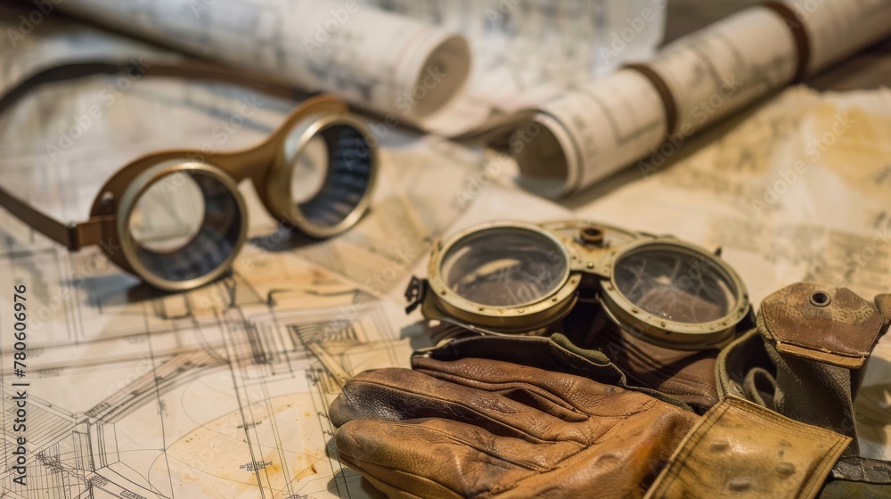 Vintage safety goggles and gloves laid out with old engineering ...