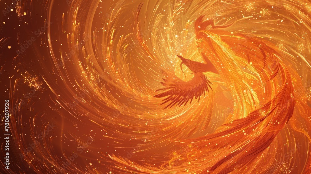The phoenix, a creature of fire and myth, spreads its fiery wings ...
