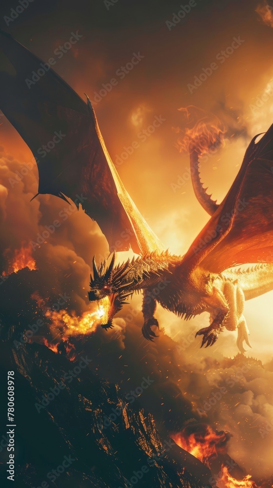 The dragon, a mythical creature of power, breathes out a plume of flame ...