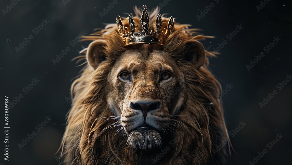 Majestic lion with golden crown against dark background exudes regal ...