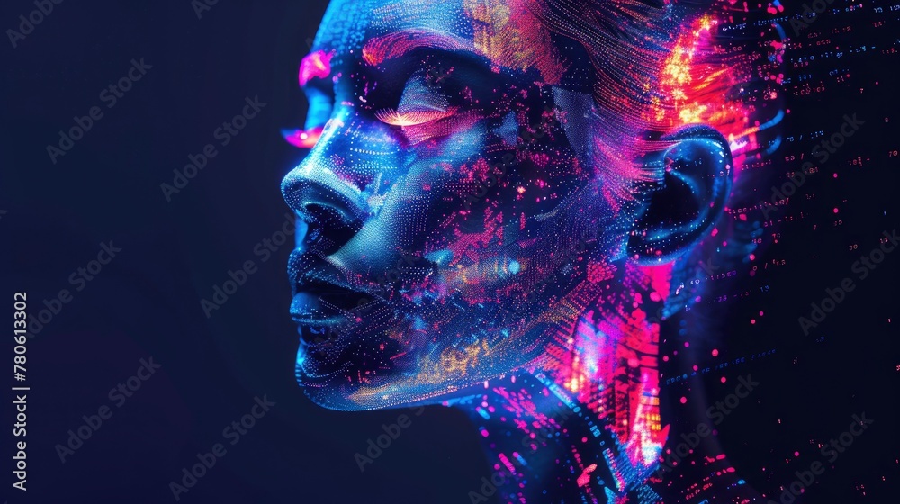 Digital portrait of an AI humanoid, with neon pixelated glitch effects ...