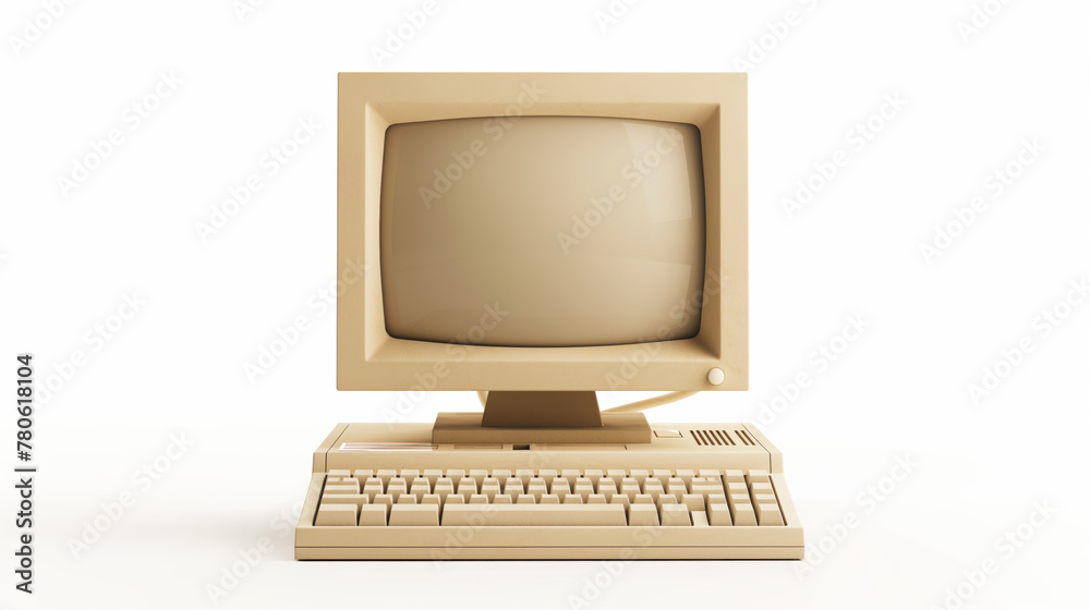 A classic beige computer model sits isolated, displaying the 1980s era ...