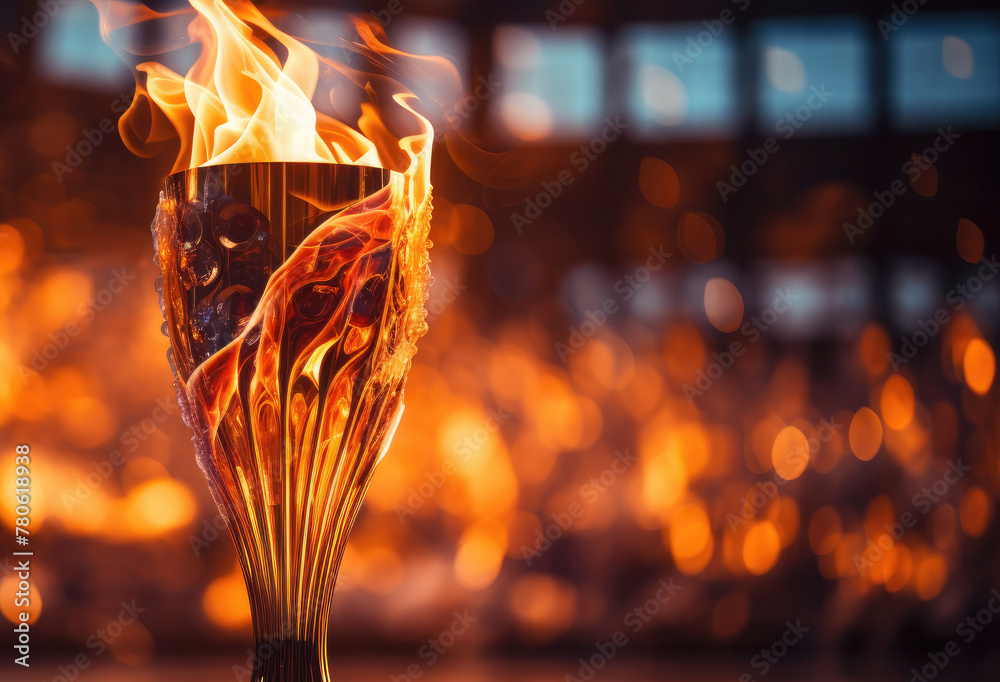 Cup with fire against the background of the stadium. Symbol of the ...