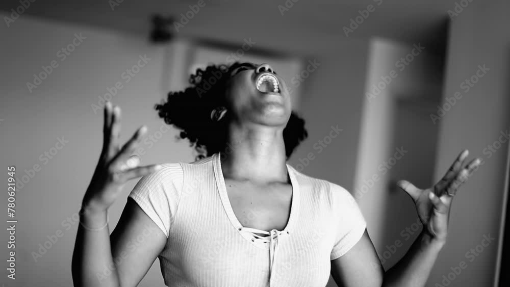 Monochromatic Overwhelmed Young Black Female Yelling in Extreme Fury, Stressed 20s Woman with ...