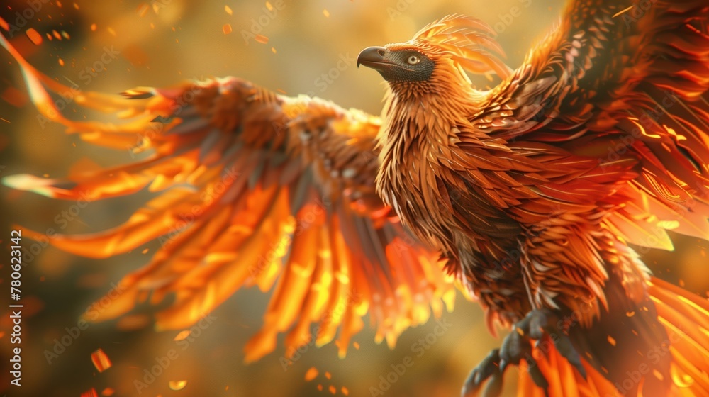 A close-up of a mythical phoenix in flight, its feathers a blaze of ...