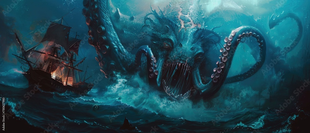 Detailed, mythical kraken monster, pulling a ship into the deep sea ...