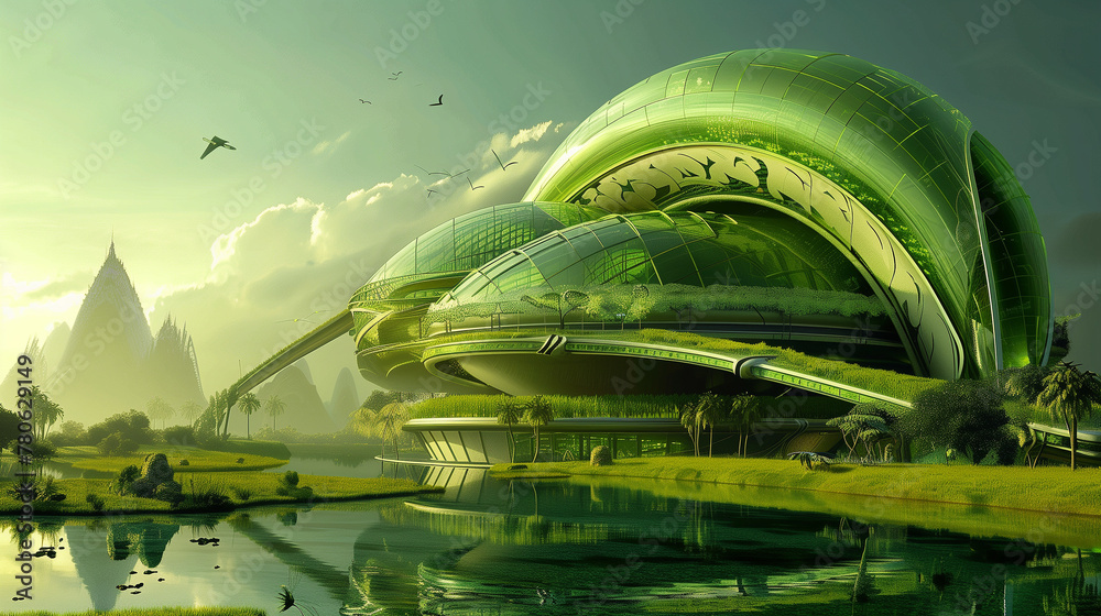 Green building with many trees The building is surrounded by lots of ...