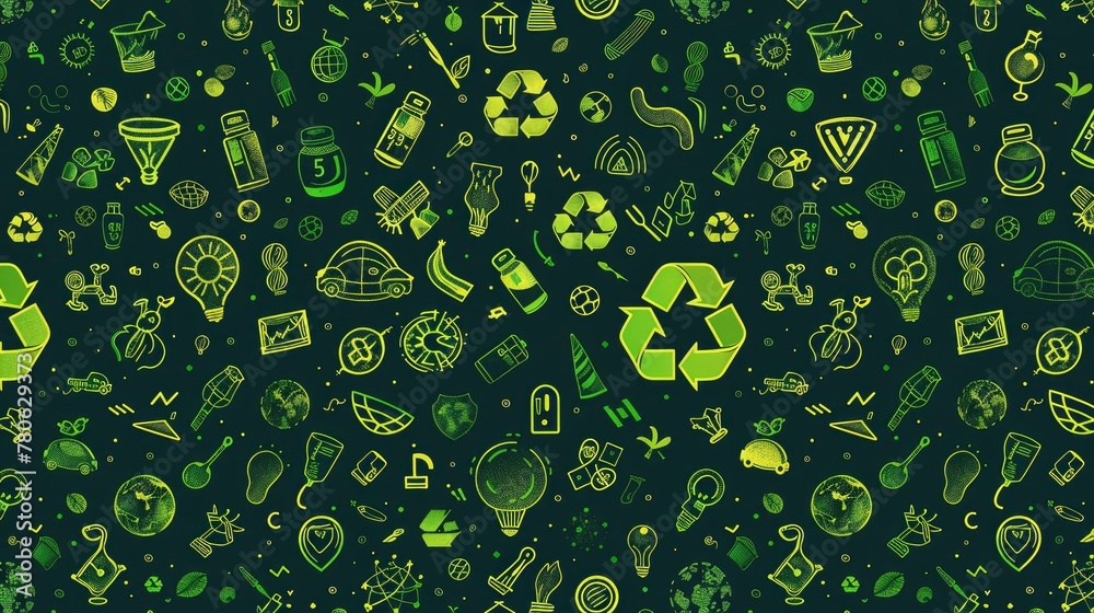 The seamless pattern of green earth icons and recycling symbols on a ...