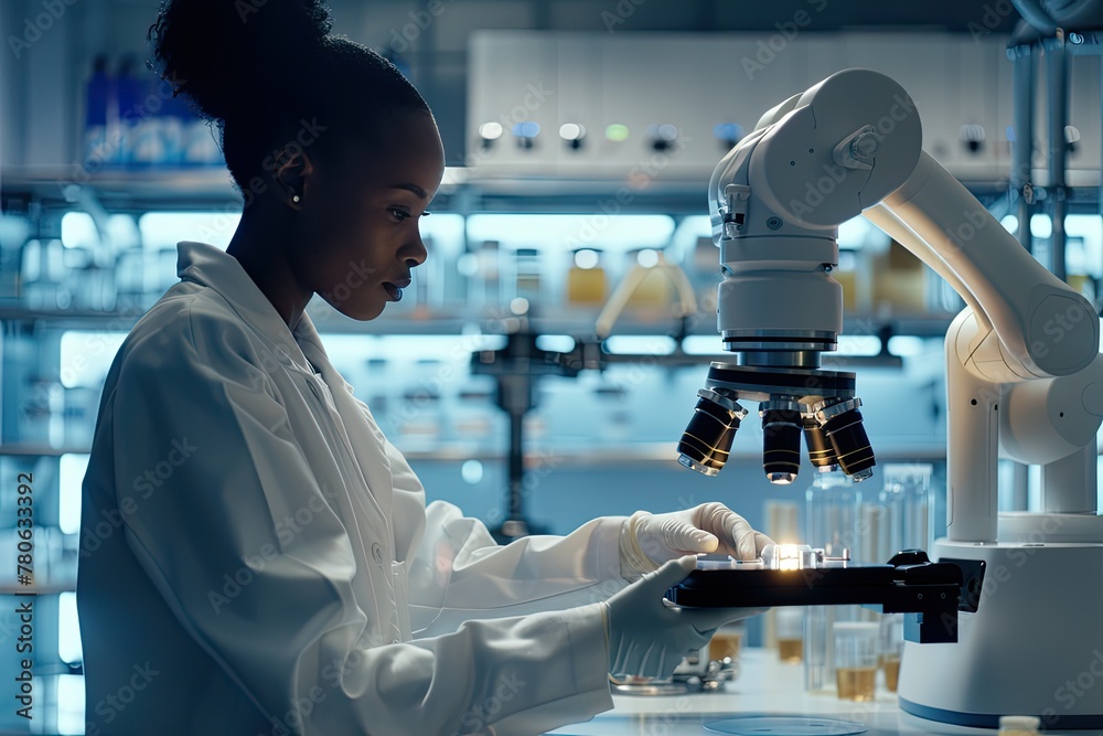 African-American woman working with scientific equipment in modern high ...