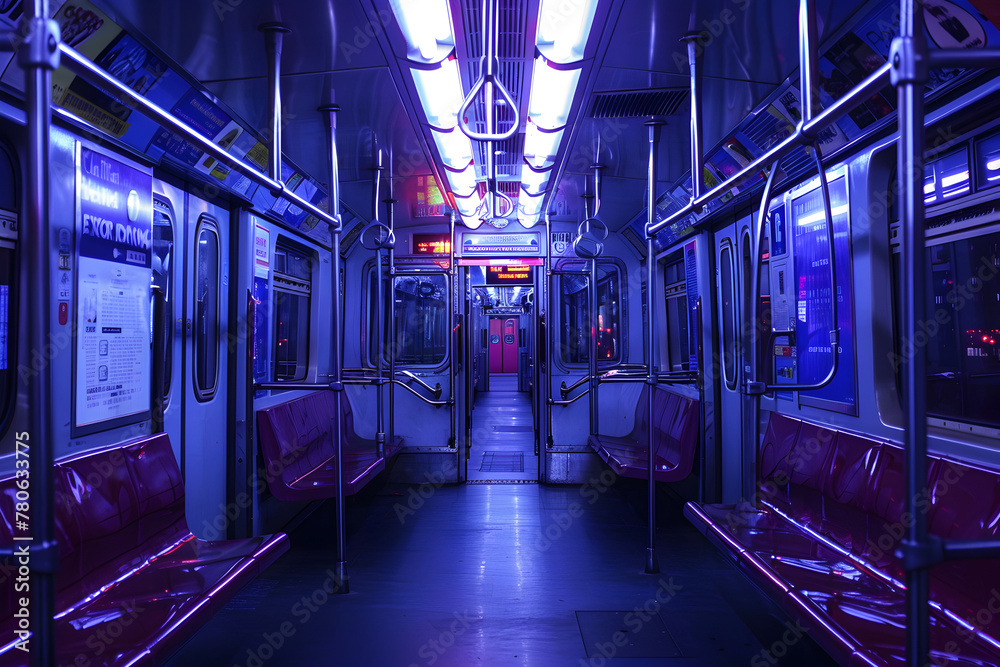 Empty subway car interior with red seats and metallic poles ...