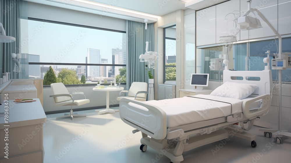 Clean, modern bedroom interior in a hospital setting with medical ...