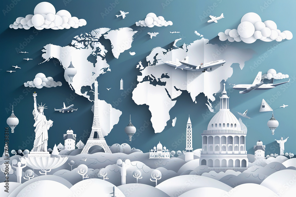 Famous landmarks in the world with paper cut art. travel day background ...