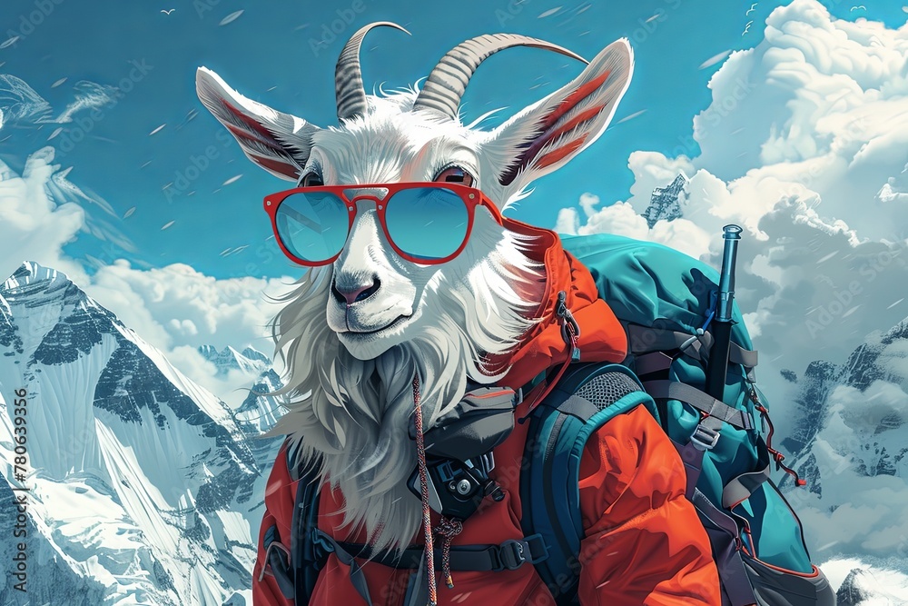 daring goat with backpack and wearing mountain clothes and gear ...