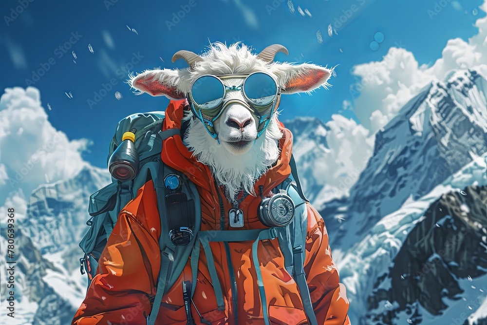 daring goat with backpack and wearing mountain clothes and gear ...