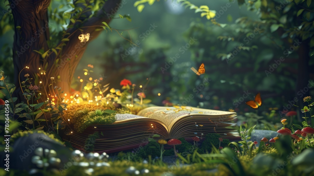 Fantasy and literature concept. 3D style Illustration of magical book ...