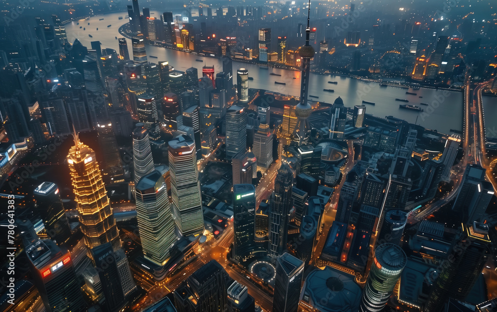 China riverside city night scenery,created with Generative AI tecnology ...