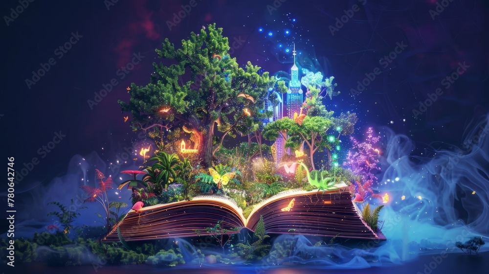 Fantasy and literature concept. 3D style Illustration of magical book ...