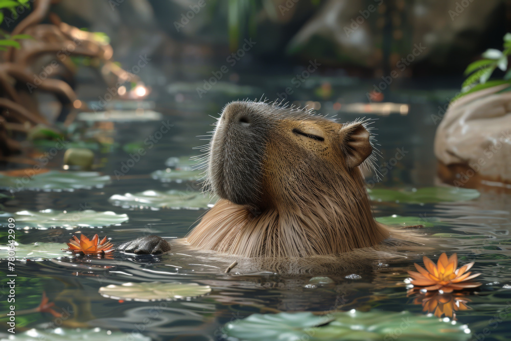 Capybara lounging in a hot spring, watercolor clipart, zen master of ...