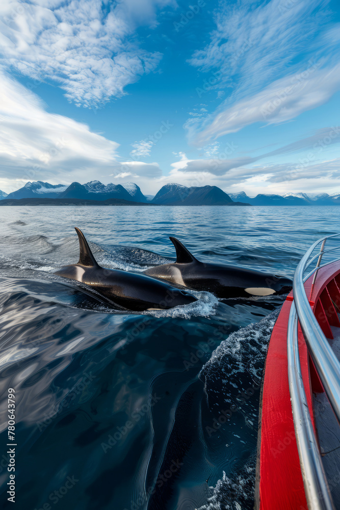 Killer whales swim past the deck of a boat with misty mountains on ...