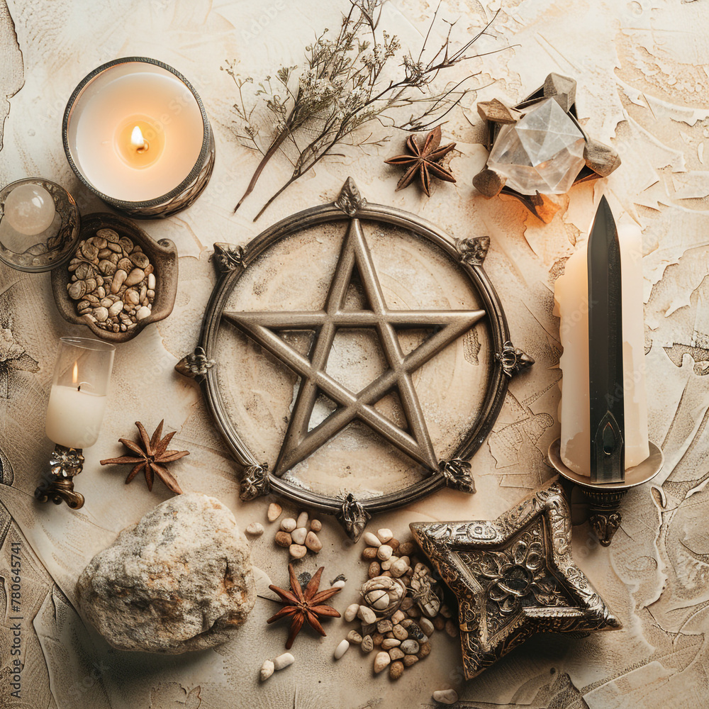 Ingredients and materials for an occultly ritual with an pentagram or ...