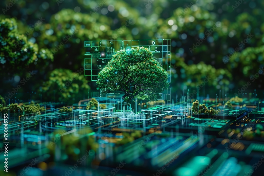 Ilustrace „Forward-looking AI interfaces combined with green tech ...