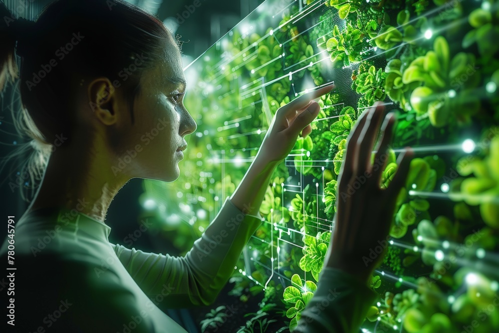 Futuristic AI interfaces and sustainable technology systems, Female ...