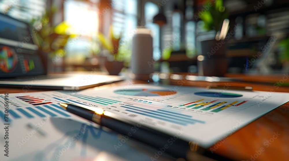 A 3D render depicting financial data, including pie charts and bar ...