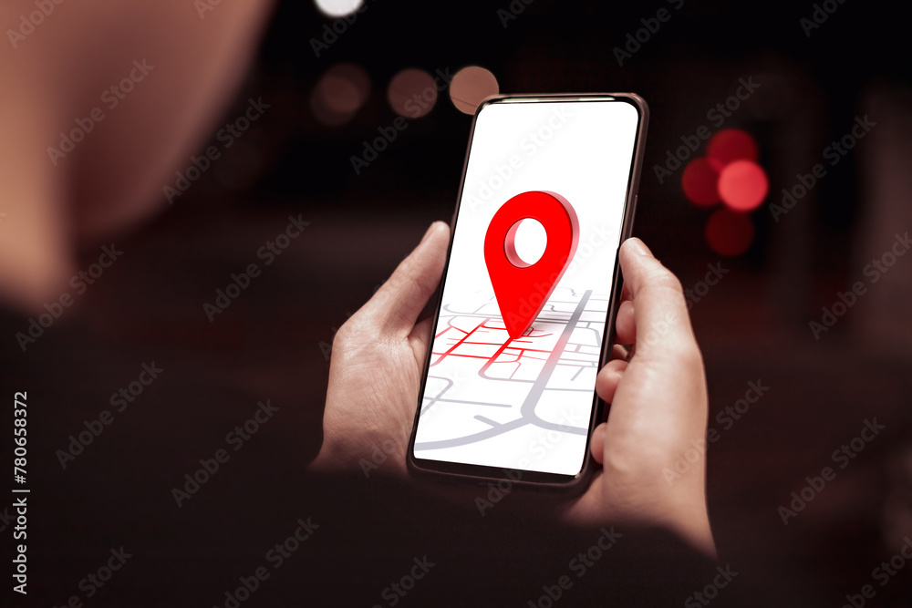 Destination red pin, Global Positioning System (GPS) and navigation map ...