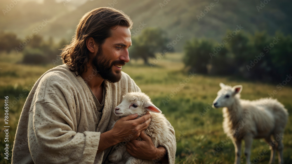Christ the Good Shepherd and Lamb of God: Jesus is holding a lost lamb ...