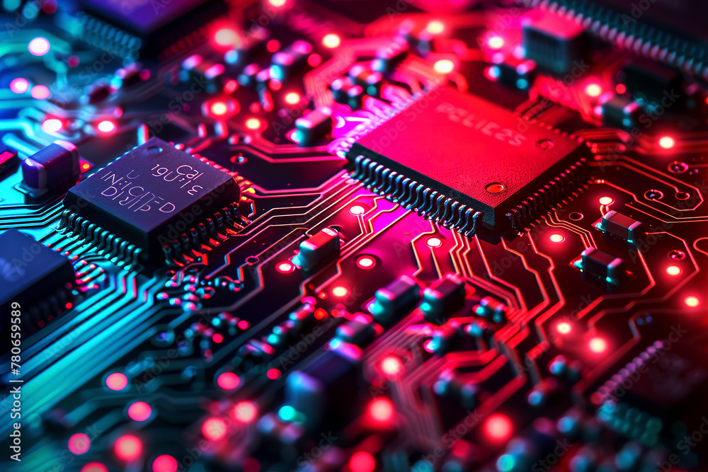 Modern Chipset motherboard digital picture with colorful neon lines and ...