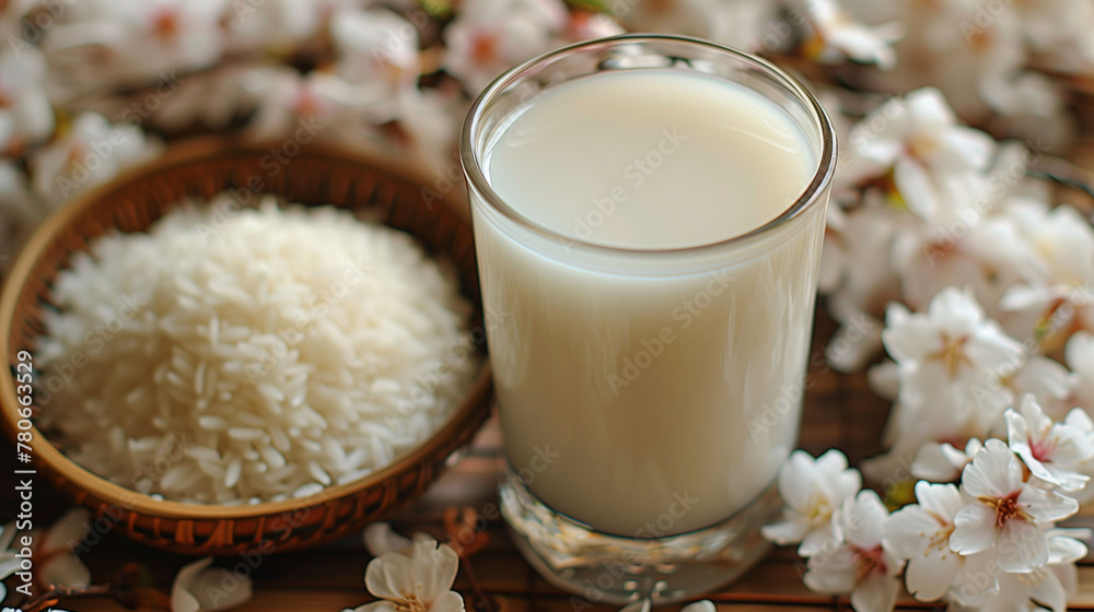 A glass of rice milk surrounded by grains of rice with a creamy beige ...