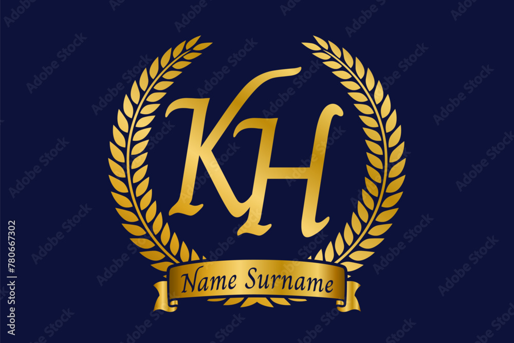 Initial letter K and H, KH monogram logo design with laurel wreath ...