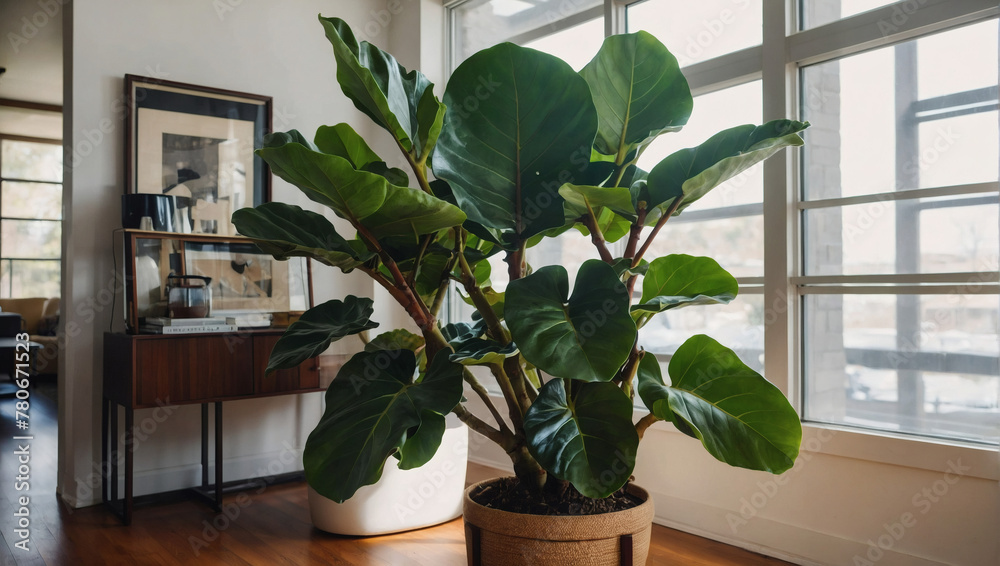 A fiddle leaf fig tree, with its large, violin-shaped leaves, making a ...