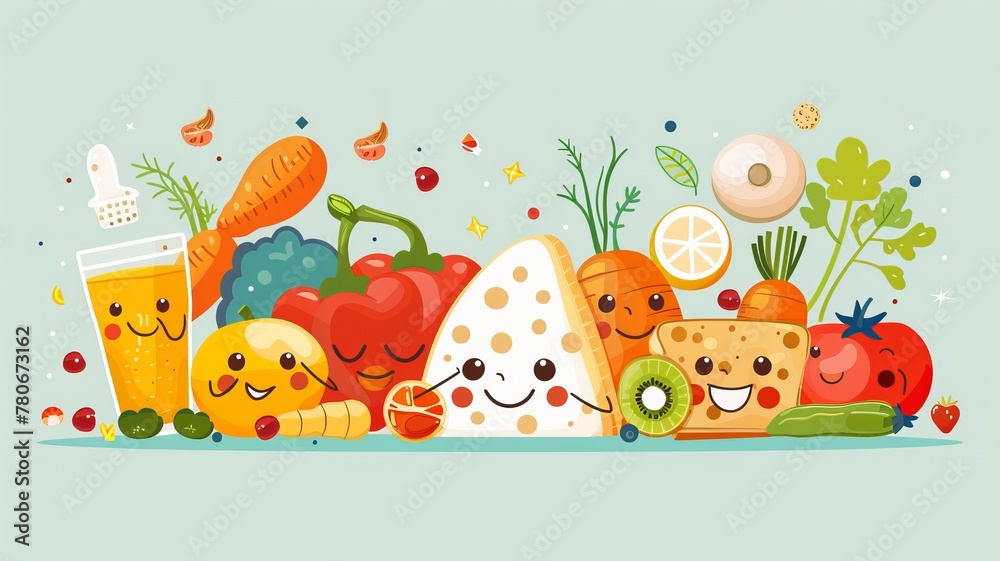 Cartoon illustration of a balanced meal with smiling vegetables ...