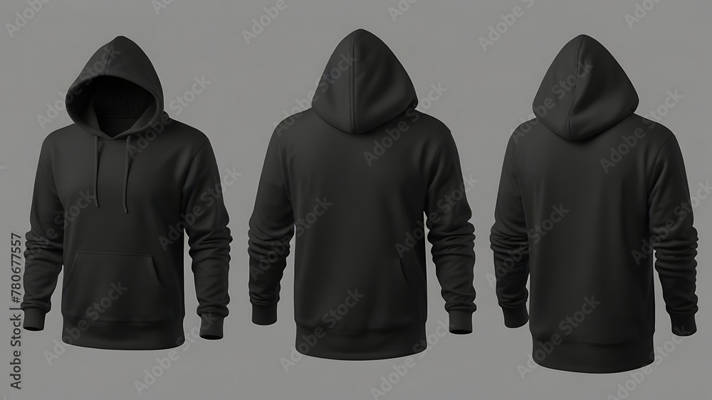 Set of Black front and back view tee hoodie or hoody sweatshirt on ...