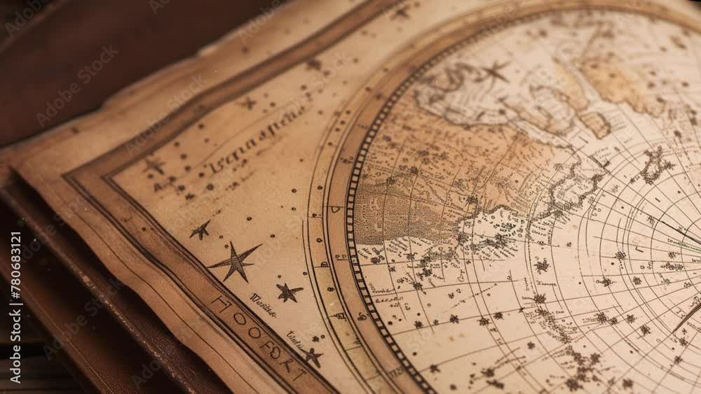 Animation of a vintage star map in an old book with constellations and ...