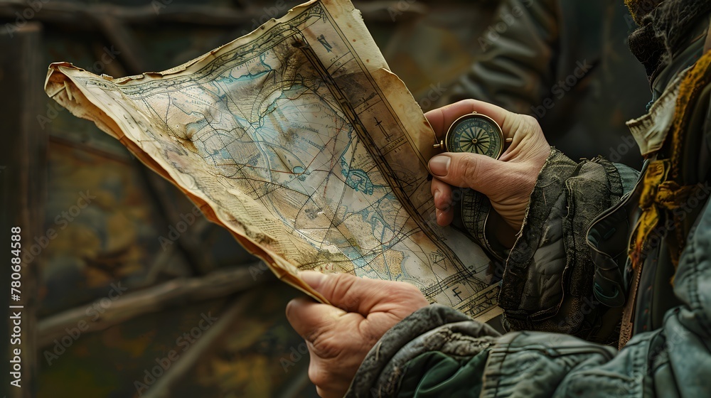 Navigating with map and compass, in a detailed renaissance art style ...