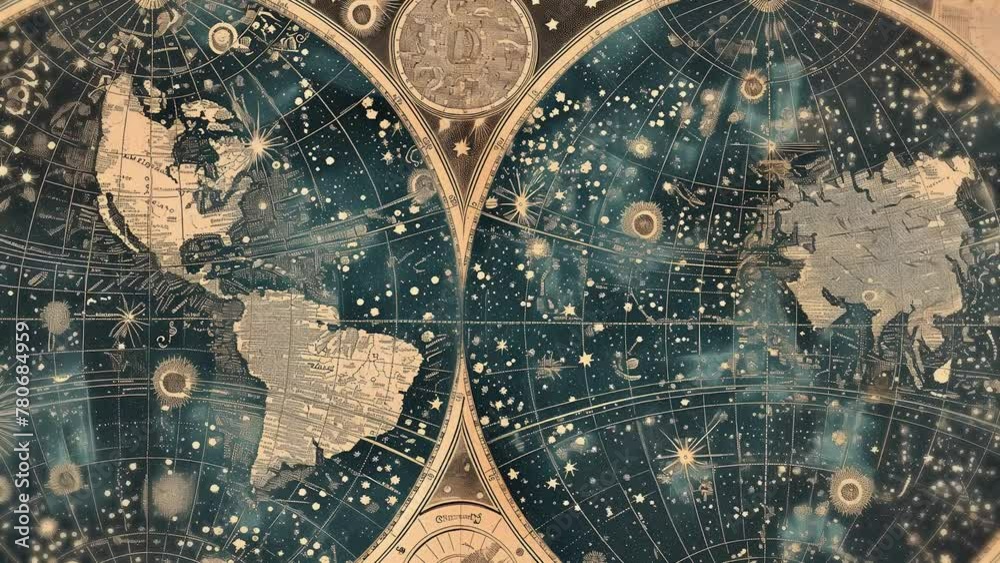 An ancient star map with an old representation of constellations and ...