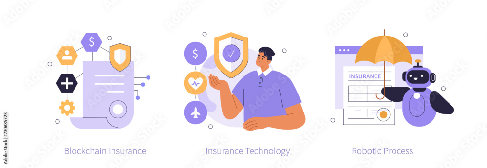 Insurance technology concept set. Digital insurtech services, robotic ...