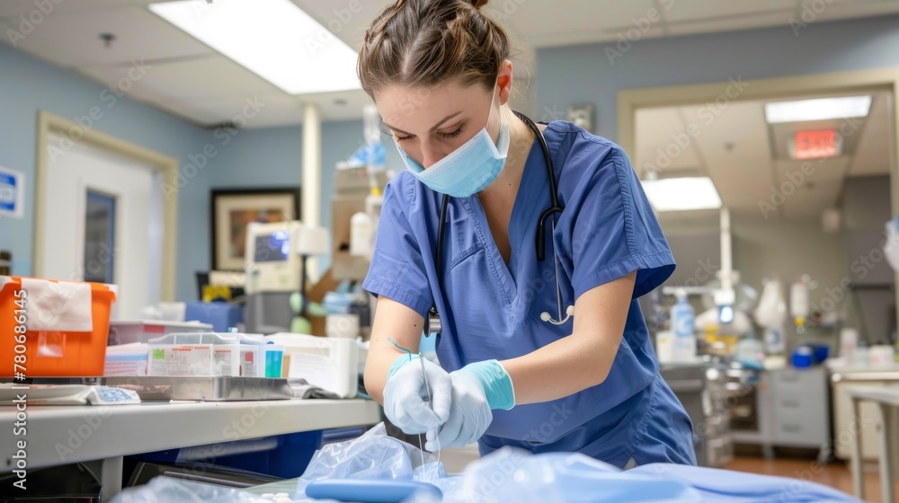 High-detail depiction of a medical professional in scrubs and gloves ...
