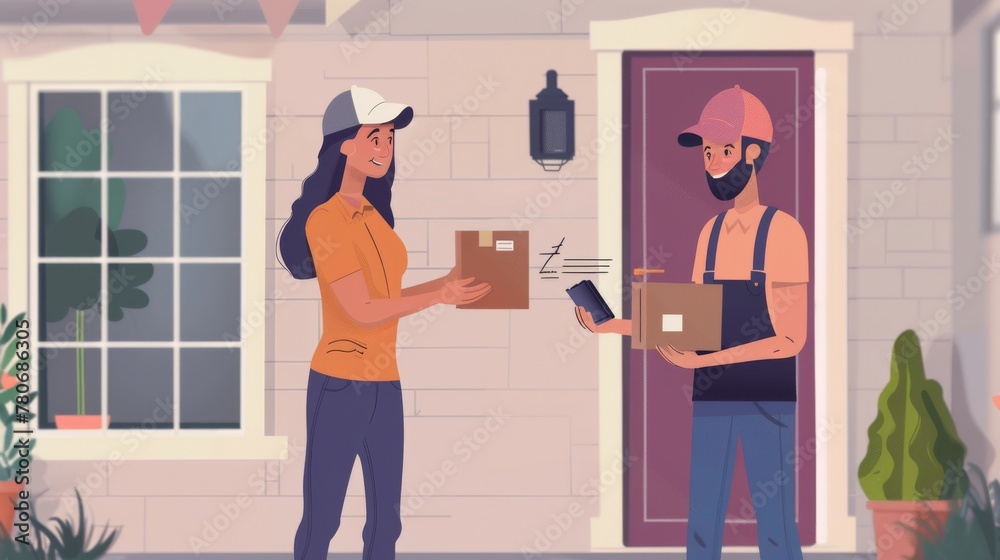 Realistic portrayal of a delivery person handing a package to a ...
