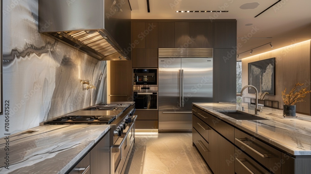 A modern kitchen with sleek appliances and marble countertops ...